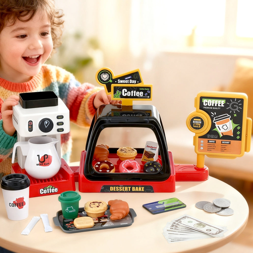 Keezi Kids Pretend Role Play Toy Coffee Shop with Coffee Maker Machine ...